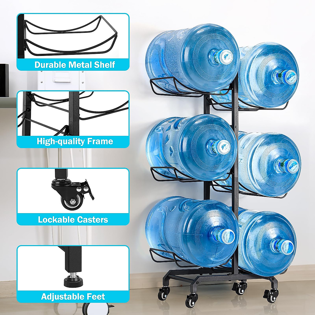 5 Gallon Water Jug Holder 3 Tier Water Bottle Holder Organizer with Wheels Foldable Heavy Duty Water Bottle Storage Rack for Home Office, Garage, Black