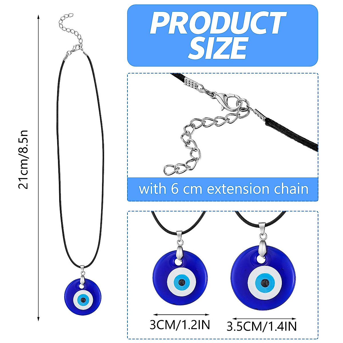 6 Pieces Evil Eye Pendant Necklace Turkish Blue Eye Necklace for Jewelry Glass Gift Eye Leather Rope Chain Necklace for Women Men Accessory (Round Style,1.2 Inch, 1.4 Inch)