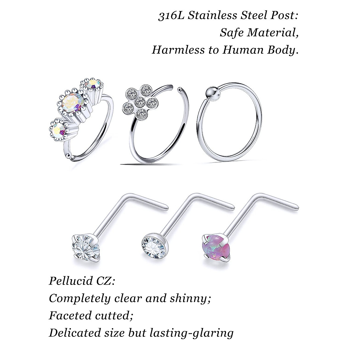 Vsnnsns 20G Nose Rings for Women Surgical Steel Nose Rings Hoops L Shaped Nose Studs Nose Hoop Rings 2mm Diamond CZ Nose Ring Nose Piercing Jewelry Silver 26Pcs