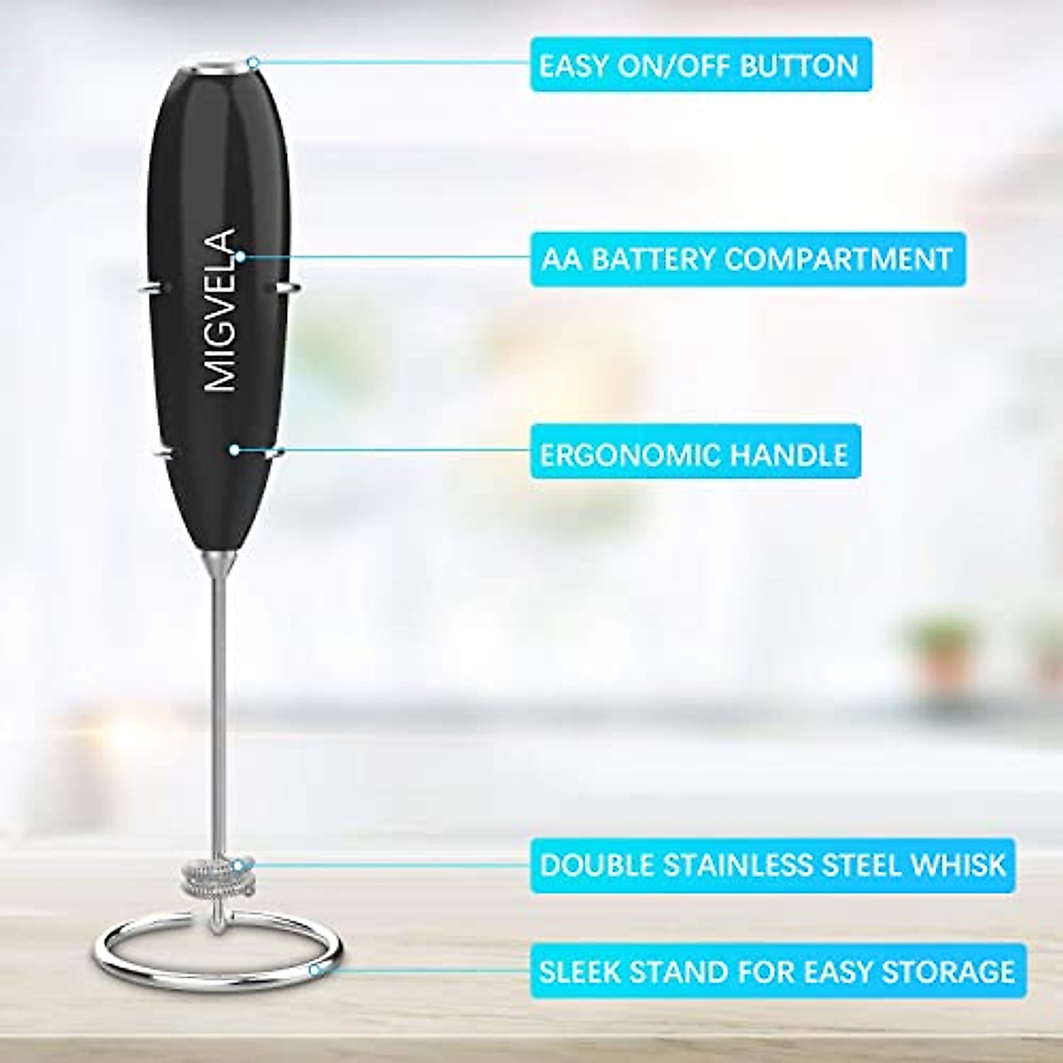 MIGVELA Coffee Milk Frother Handheld Electric Double Whisk Drink Mixer Battery Operated One-Button Hand Held Mini Foam Maker with Stand for Coffee Latte Cappuccino Hot Chocolate