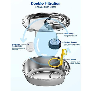WOPET F10 Cat Water Fountain Stainless Steel,67oz/2L Pet Water Fountain,Automatic Cat Water Dispenser,Cat Bowl,Dog Water Fountain,Dishwasher Safe for Cats&Dogs (F10+1 Filter)