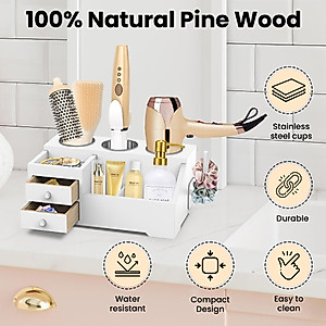 FINECLICK Hair Tool Organizer, Wood Hair Dryer and Styling Stand, Bathroom Countertop Blow Dryer & Flat/Curling Iron Holder with Drawers, Vanity Caddy Storage for Toiletries, Accessories & Makeup