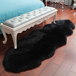 IRIWOOL Premium Genuine Fur Sheepskin Rug Real Australia Sheepskin Natural Luxury Fluffy Lambskin Fur Area Rug Seat Covers for Kids Bedroom Sofa Chair Cover (Black, Double Pelt/2ft x 6ft)