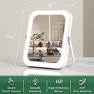 ROLOVE 8"x10" Lighted Vanity Mirror, Makeup Mirror with Light, Dimmable Touch Screen, Portable Travel Mirror with U-Shaped Bracket, Cosmetic Mirror with Lights for Makeup Desk ＆ Dressing Room