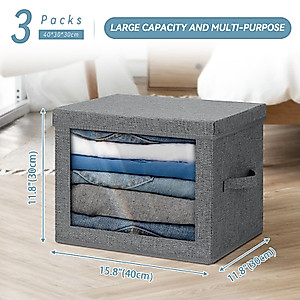 Bellzacasa Large Collapsible Storage Bins with Lids, 3 Pack Foldable Clear Window Storage Boxes with Handles, Linen Fabric Storage Cubes Baskets Organizer Containers, Gray, 15.8x11.8x11.8”