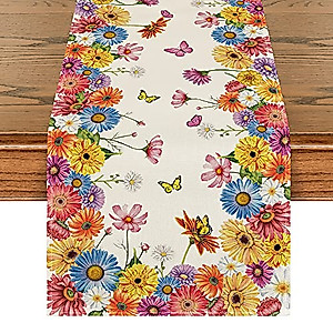 Artoid Mode Bloom Flowers Daisy Butterfly Spring Table Runner, Seasonal Holiday Kitchen Dining Table Decoration for Home Party Indoor 13x120 Inch