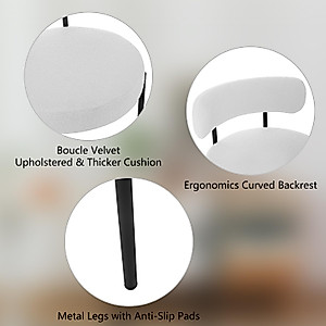 Hooseng White Dining Chairs Set of 2, Modern Kitchen Dining Room Chairs, Round Upholstered Boucle Chairs with Curved Backrest and Black Metal Legs for Kitchen, Dining Room, Living Room