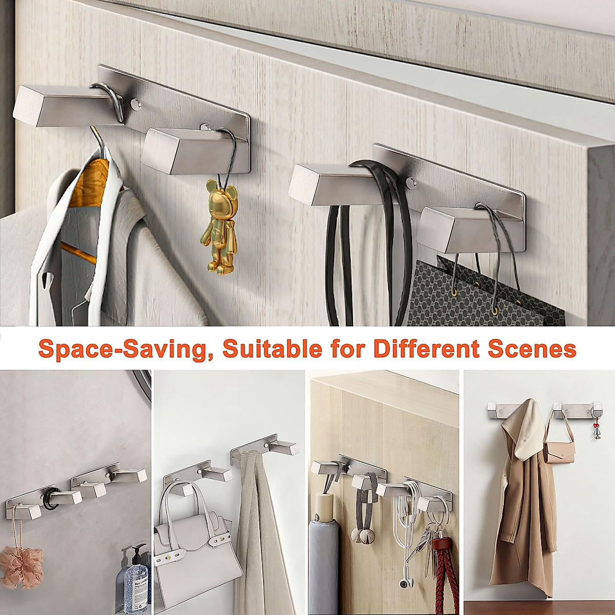 HarJue Bath Towel Hooks, 304 Stainless Steel Robe Towel Hooks Heavy-Duty Waterproof Rustproof Coat Hook for Bathroom and Kitchen-Wall Mounted, Double Towel Holder (Brushed Nickel, 2 Pack)