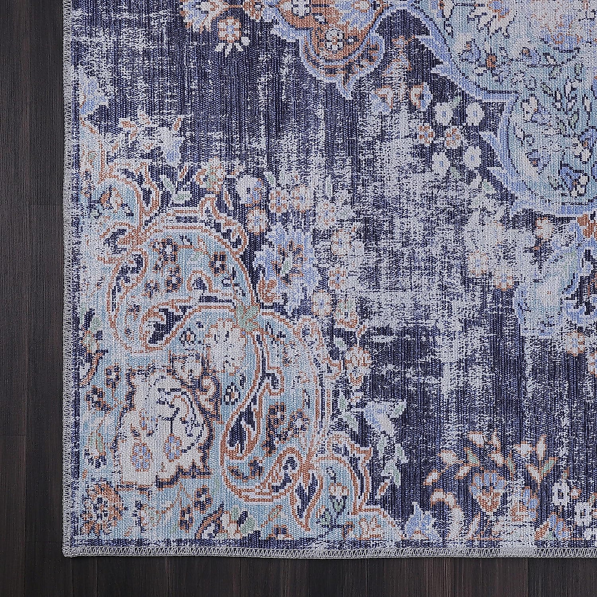 CAMILSON Machine Washable Area Rugs with Non Slip (Anti-Slip) Backing for Living Room Bedroom, Distressed Vintage Washable Rug 5x7, Stain and Water Resistant, Bohemian Indoor Carpet (5 x 7, Blue)