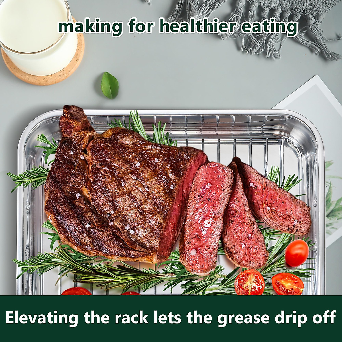 Stainless Steel Roaster with Flat Rack & Parchment Paper, 16.2 x 12.2 x 3 inches - Ideal Roasting Pan for Whole Turkey, Roasts, or Multiple Sides