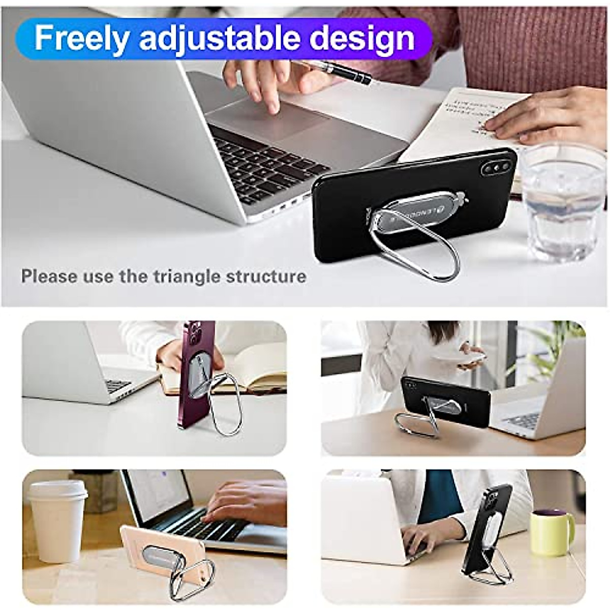 Foldable Cell Phone Stand for Desk, Adjustable Cellphone Ring Holder Finger Kickstand for Office Desktop & Magnetic Car Mount, Rotatable Multi-Angle Hand Grip for iPhone 14 and Smartphones Back Case