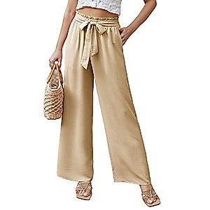 Feiersi Women Casual Wide Leg Pants High Waisted Business Work Casual Pants Loose Flowy Beach Palazzo Pants(Khaki,Small)