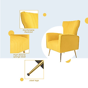 Gustonhon Velvet Accent Chair,Upholstered Wingback Armchair,Modern High Back Single Sofa,Comfy Leisure Upholstered Club Chair Padding Seat with Gold Metal Legs for Living Room Bedroom (Yellow)