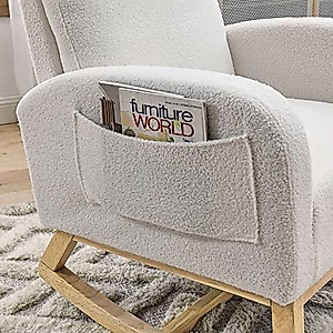Krinana Nursery Rocking Chair with Solid Wood Legs, Glider Chair for Nursery with Two Side Pockets, Rocker Armchair for Living Room Bedroom (White, Teddy Fabric)