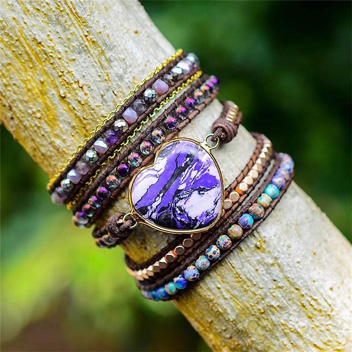 Teepollo Bohemian Leather Wrap Bracelets for Women-Beaded Heart Love Jasper Emperor Natural Stone Healing Energy Boho Hippie Bracelet for Girls Ladies Accessories Jewelry