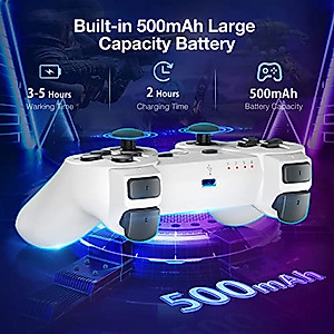 Powerextra PS-3 Controller Wireless Compatible with Play-Station 3, 2 Pack Double Shock High Performance Gaming Controller with Upgraded Joystick Double Shock for Play-Station 3 (Black + White)