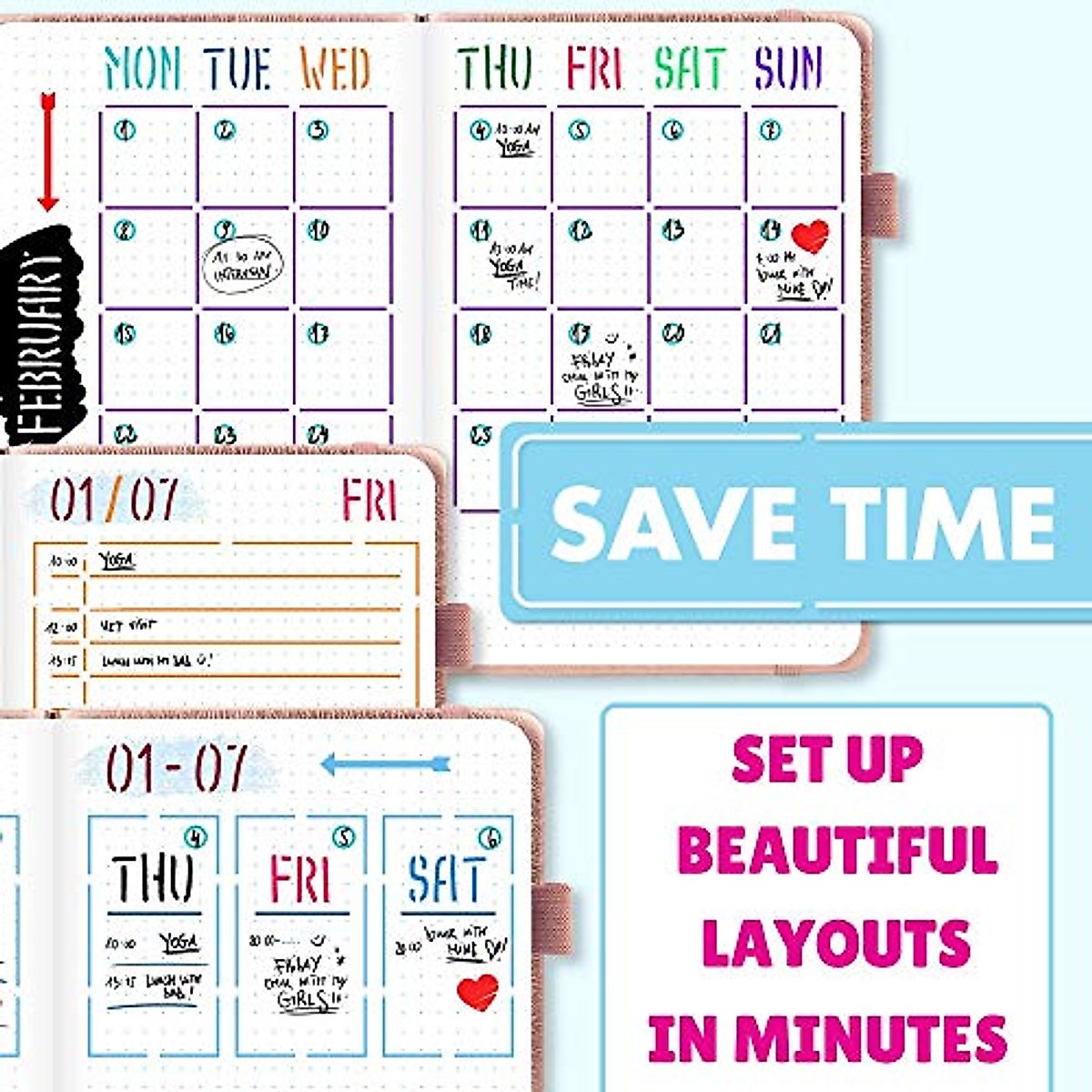 Easy to Use Stencil Set for Dotted Journals - Time Saving Planner Accessories/Supplies Kit Makes Creating Layouts Easy - Incl. Bullet Point Checklists, Daily/Weekly/Monthly Calendars