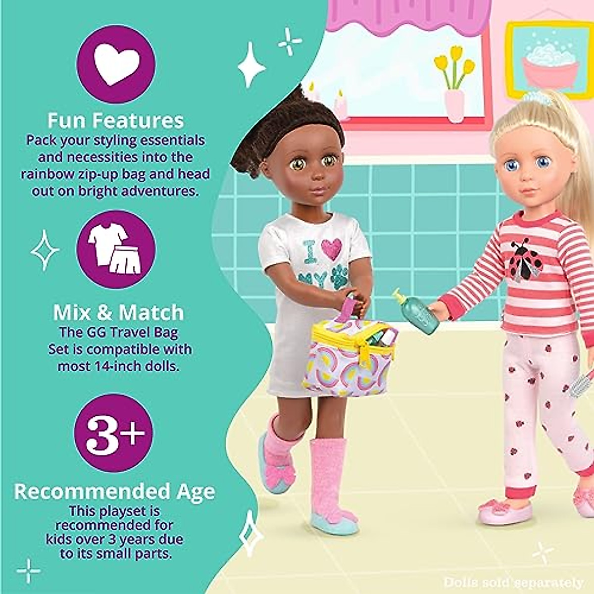 Glitter Girls – Travel Bag & Styling Set – Handbag, 2 Hair Elastics, and Fun Toiletries – 14-inch Doll Accessories for Kids Ages 3 and Up – Children’s Toys