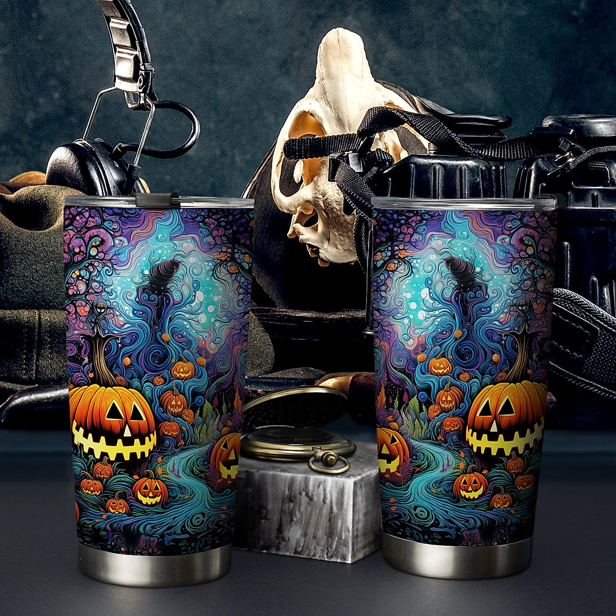 ORCAE 20oz Halloween Pumpkin Ghost Tumbler, Boo Boo Ghost, Trick or Treat, Halloween Gifts, Coffee Thermos, Stainless Steel Double Wall Vacuum Insulated Coffee Mug, Travel Cup with Lid - B