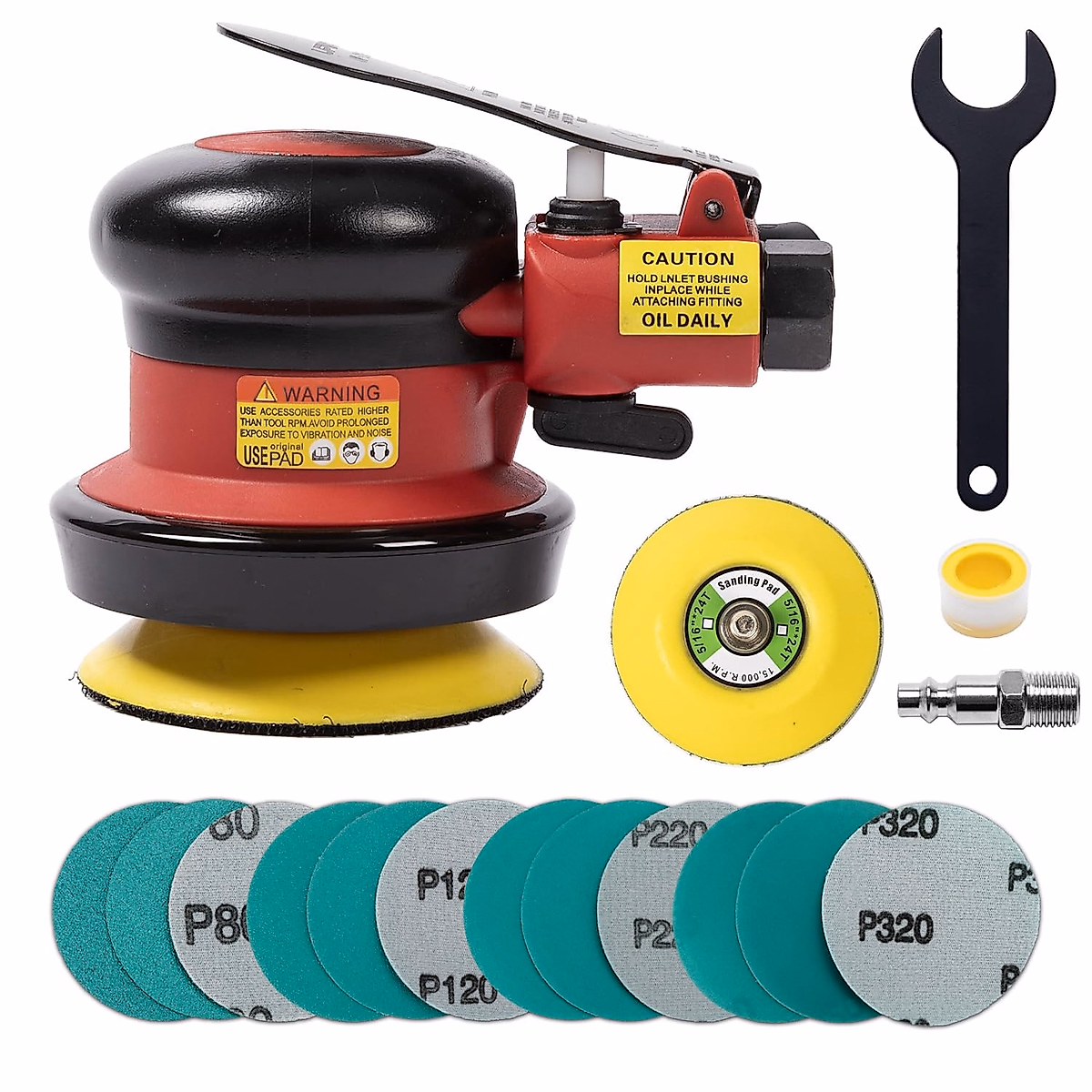 5 inch Air Random Orbital Sander by UPWOOD, Heavy Duty Dual Action Pneumatic Palm Sander with 10pcs Sandpapers, Good for Auto Body Work,Woodworking, Composites, Metal