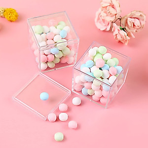 20 Pcs Clear Plastic Square Cube, 2.16x2.16x2.16" Small Acrylic Plastic Storage Box with Lids Transparent Clear Square Containers Display Boxes Gift Box with Glitter Ribbon for Candy Pill Jewelry Christmas