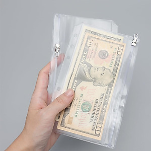 12pcs A6 Binder Pockets with Clear Zipper 6 Holes Budget Cash Envelopes Metal Zip Puller Loose Leaf Bags Waterproof PVC Pouches Multipurpose Document Folders for Storage