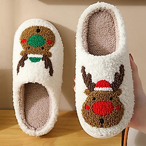 Adisputent Reindeer Slippers for Women Men Elk Slide Slippers Fun Xmas Slippers Cute Christmas Soft Plush Slippers Warm Winter Non-Slip House Shoes A Red 6.5-7.5 Women/5-6 Men
