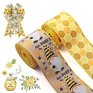 ALIBBON 2 Rolls 2.5" × 5 Yd Bumble Bee Gnome Wired Edge Ribbon Honeycomb Burlap Ribbons Spring Honeycomb Ribbon Yellow Ribbon for Wreaths DIY Crafting Gift Wrapping Party Decoration