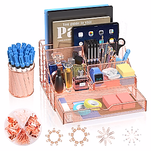 Rose Gold Desk Organizer and Accessories, Large Office Supplies Desk Organizer Caddy with Pen Holder, 6 Compartments + 72 Clips Set, Mesh Desktop Organizer with Drawer for Women, Office, School