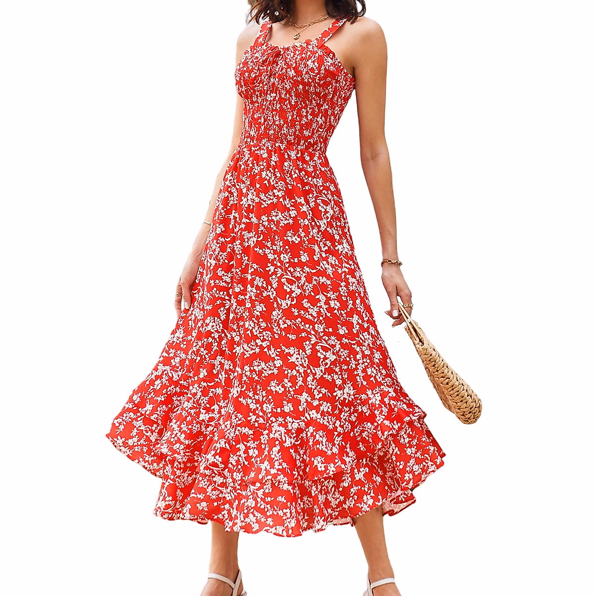 GRACE KARIN Women's 2025 Summer Floral Boho Dress Square Neck Strapped Swing A Line Sundress Beach Long Maxi OutfitsRed L