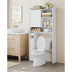 VASAGLE Over The Toilet Storage Shelf, Bathroom Storage Cabinet with Sliding Door, Adjustable Shelves, Toilet Paper Holder, Space-Saving, Modern, 9.8 x 32.7 x 66.9 Inches, Cloud White UBTS018W01