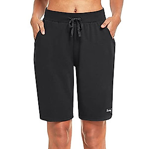 BALEAF Womens Exercise,Basketball,Fitness,Jogging,Walking,Running,Workout,Gym,Yoga Sweat Shorts Long Cotton Bermuda Summer Casual Drawstring Shorts with Pockets, Medium, Black