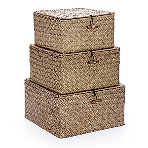 Hipiwe Wicker Shelf Baskets Bins with Lid Handwoven Storage Baskets Boxes Natural Seagrass Basket Box Home Decorative Household Organizer Bins Boxes for Shelf Organizing,Set of 3