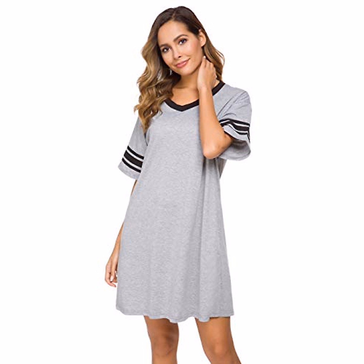 Vslarh Women's Nightgown, Cotton Sleep Shirt V Neck Nightshirts Short Sleeve Loose Comfy Pajamas Dress Casual Sleepwear (Gray, XXL)
