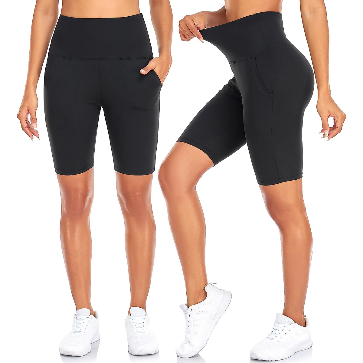 FULLSOFT 4 Pack Biker Shorts for Women – 8" High Waist Tummy Control Workout Yoga Running Compression Exercise Shorts with Pockets(4 Pack Black/Navy Blue/Grey/Pink,Large-X-Large)