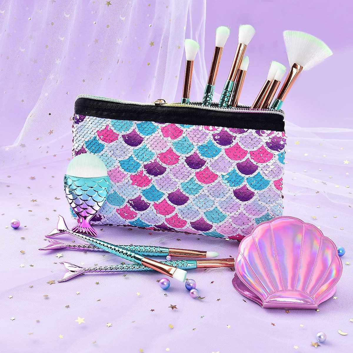 Mermaid Makeup Brush Sets with Cosmtic Bag - 13 PCS Beauty Makeup Tools Eye Shadow Eyeliner Concealer Foundation Blending Blush Brushes Compact Pocket Mirror Sequins Cosmetic Case Bag