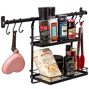 EZOWare Kitchen Wall Mount Utensil Holder Organizer Set, 23.6" Hanging Rail Rod, 2 Tier Foldable Spice Rack and 5 S Hooks for Hanging Spices, Condiments Pots, Pans, Lids, Utensils - Black