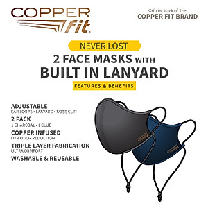 Copper Fit Unisex Never Lost Face Masks for Adults, Resuable Washable Fabic Mask, Copper Infused , 2 Pack