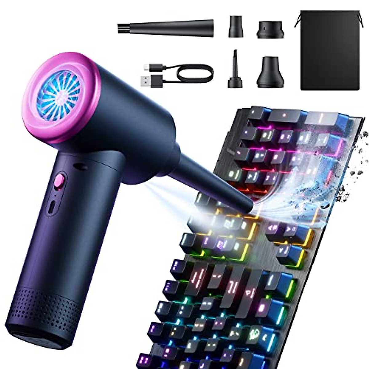 Evaline Compressed air Duster - 3 Gear Adjustable 100000RPM Electric with LED Light, Cordless Blower for Computer Keyboard Car Cleaning Kit 9000mAh Rechargeable Dust Remover, Black