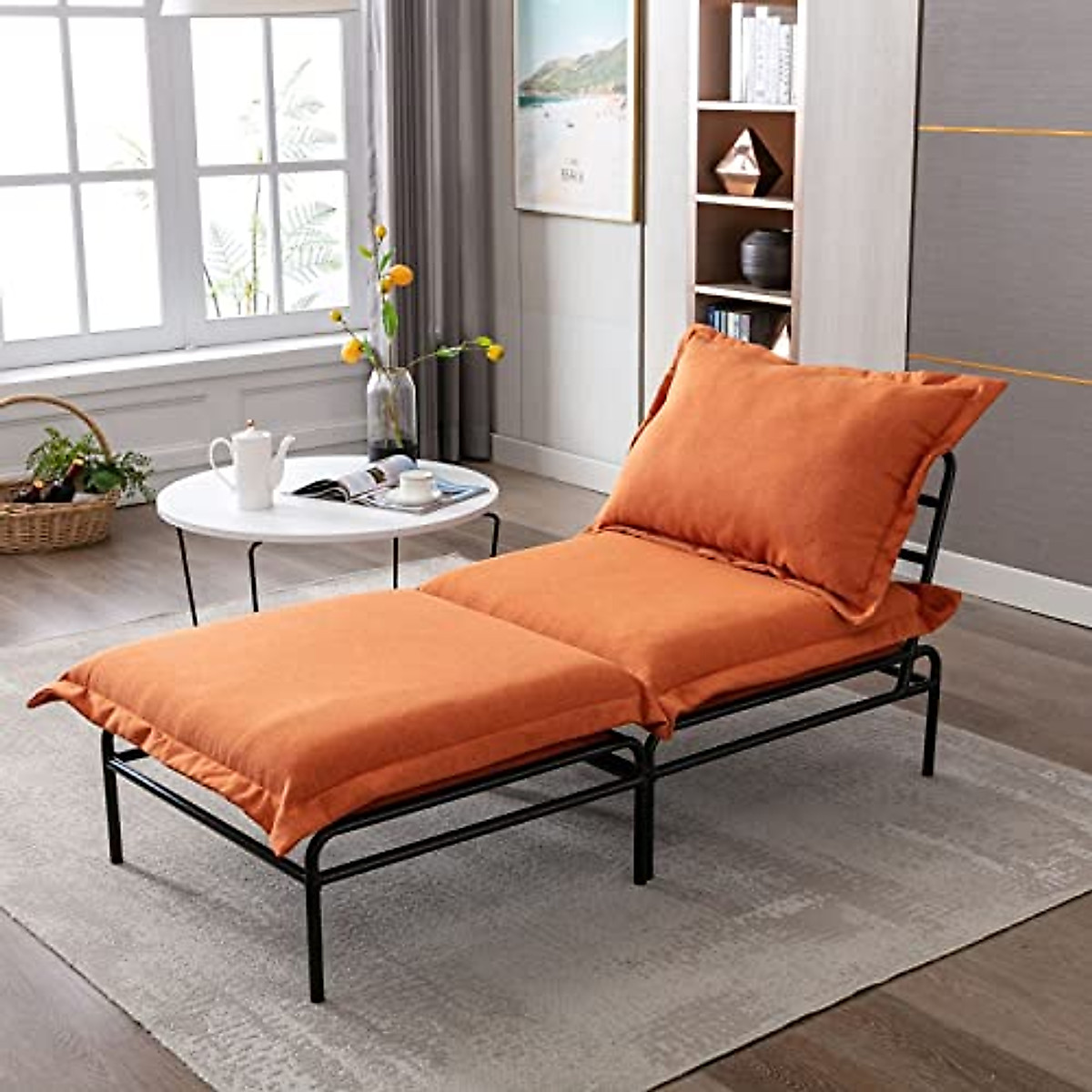 Modern Linen Fabric Accent Chair with Ottoman Set, Upholstered Lounge Chair with Black Metal Legs Comfy Recliner Chair with Back Large Living Room Chair with Footrest Sofa Bed for Bedroom, Orange