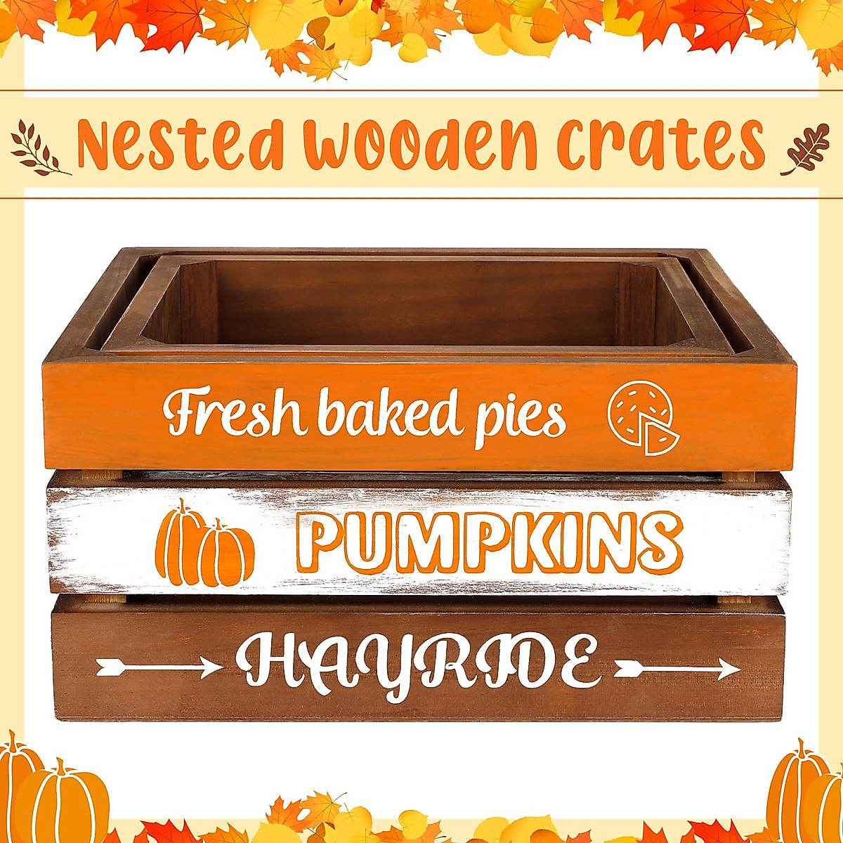 Sintuff 2 Pcs Fall Wooden Crates for Display Thanksgiving Wooden Boxes Rustic Nesting Wood Crates Farmhouse Storage Container for Harvest Thanksgiving Party Storage Gift