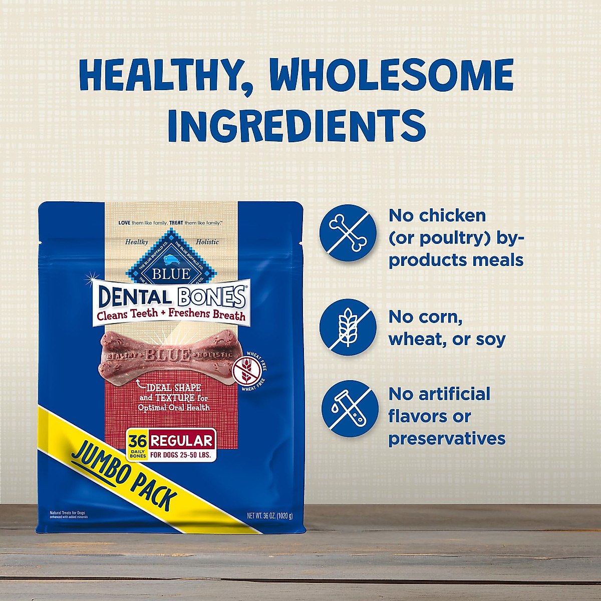 Blue Buffalo Dental Bones Regular Natural Dental Chew Dog Treats Bag Jumbo Pack