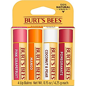 Burt's Bees Lip Balm Easter Basket Stuffers, Moisturizing Lip Care Spring Gift, for All Day Hydration, 100% Natural, SuperFruit - Pomegranate, Coconut & Pear, Mango, Pink Grapefruit (4 Pack)