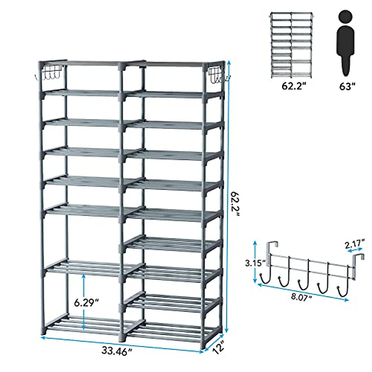 Tribesigns Shoe Rack Organizer, 36-44 Pairs Shoe Storage Shelf, 10 Tiers Shoe Stand, Shoe Rack for Closet, Boot Organizer with 2 Hooks, Stackable Shoe Tower