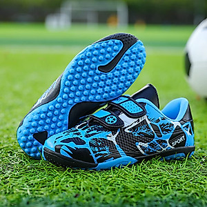 FUQIAO Kids Firm Ground Soccer Cleats for Boys Girls Outdoor Athletic Turf Shoes Indoor Football Trainning Sneakers, Blue, 2.5 Little Kid