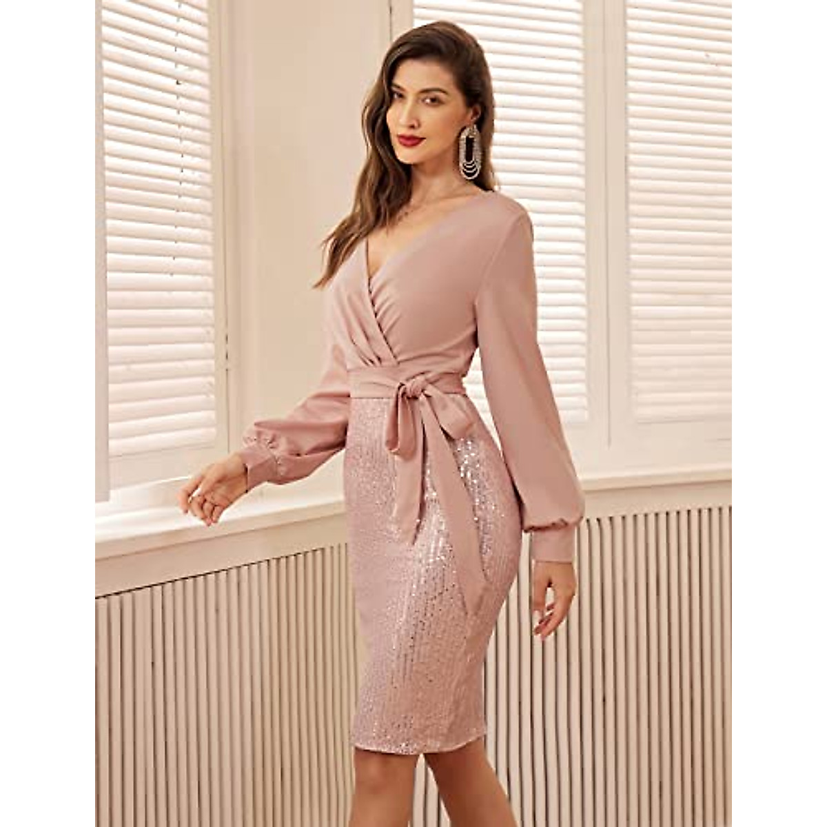 GRACE KARIN Sequin Wedding Guest Dresses for Women Wear to Party Bodycon with Belt Pink XXL