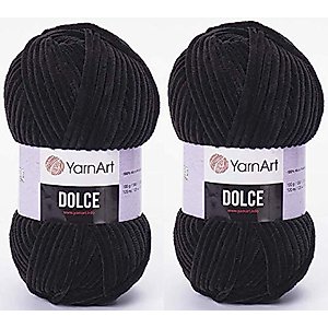YarnArt Dolce Yarn Velvet Yarn 100% MicroPolyester Lot of 2 skn 264 Yards 2x100gram Super Bulky :6 Baby Chenille Yarn (742 Black)