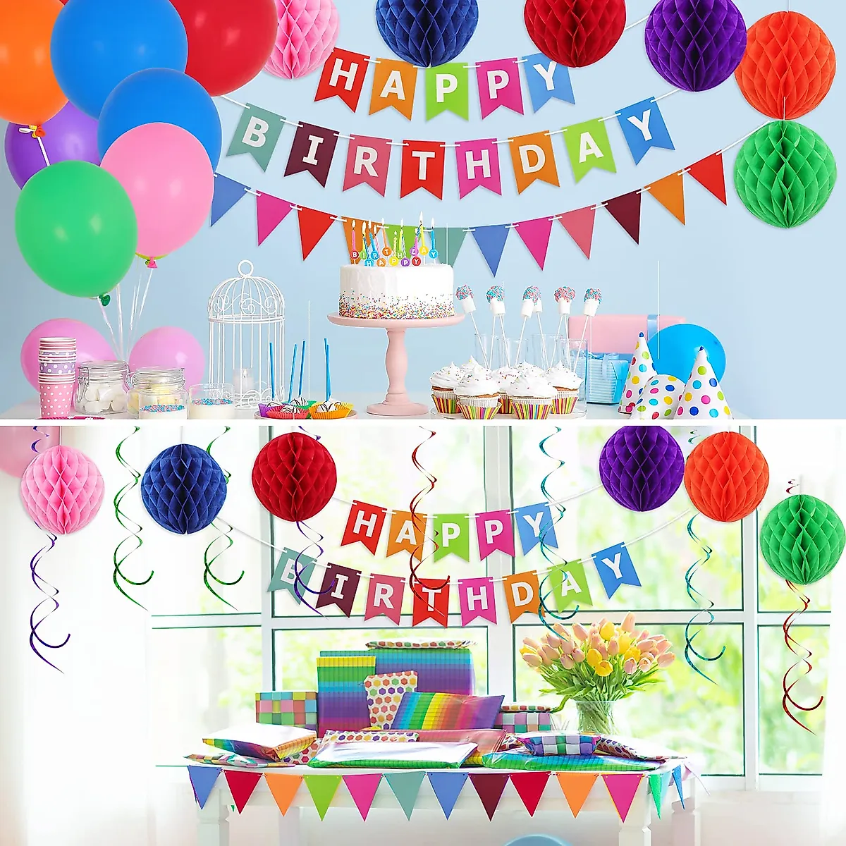 RUBFAC Rainbow Birthday Decorations, Happy Birthday Banner, 6 Honeycomb Balls, 8 Metallic Hanging Swirls, Circle Paper Garland and 30 Balloons