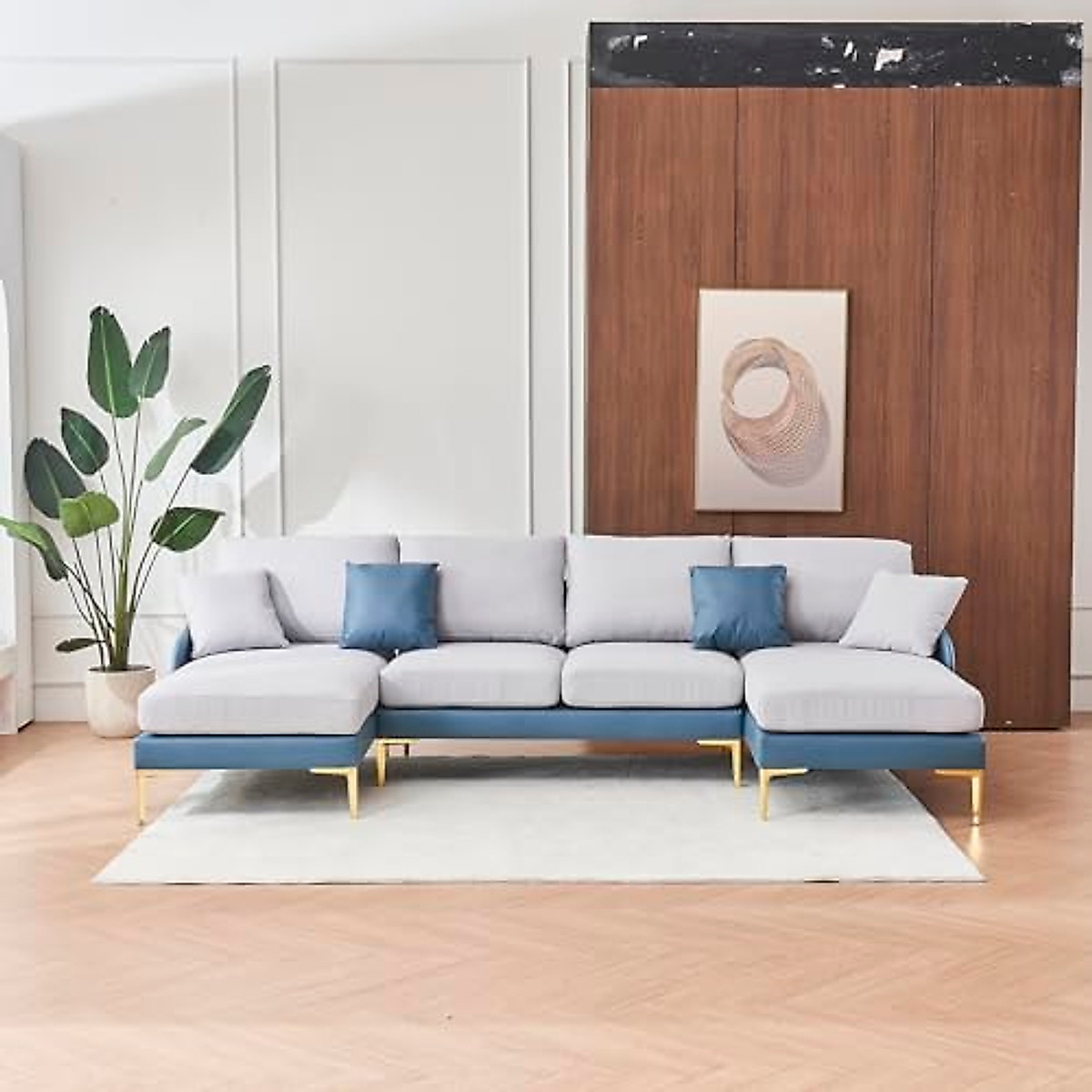 HANLIVES 108.5 Inch 4-Seat Sofa Couch,Modern Fabric U Shaped Living Room Furniture Set with 4 Throw Pillows,Upholstered 4 Seater Sectional Sleeper Sofa with Thicken Foam for Bedroom Office Apartment