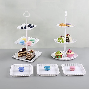 FEOOWV 2pcs 3 Tier Round &3pcs Rectangle Serving Trays, Plastic Party Cake Stand and Cupcake Holder Fruits Dessert Display Plate Table Decoration for Wedding Birthday Party Celebration(Set of 5pcs)